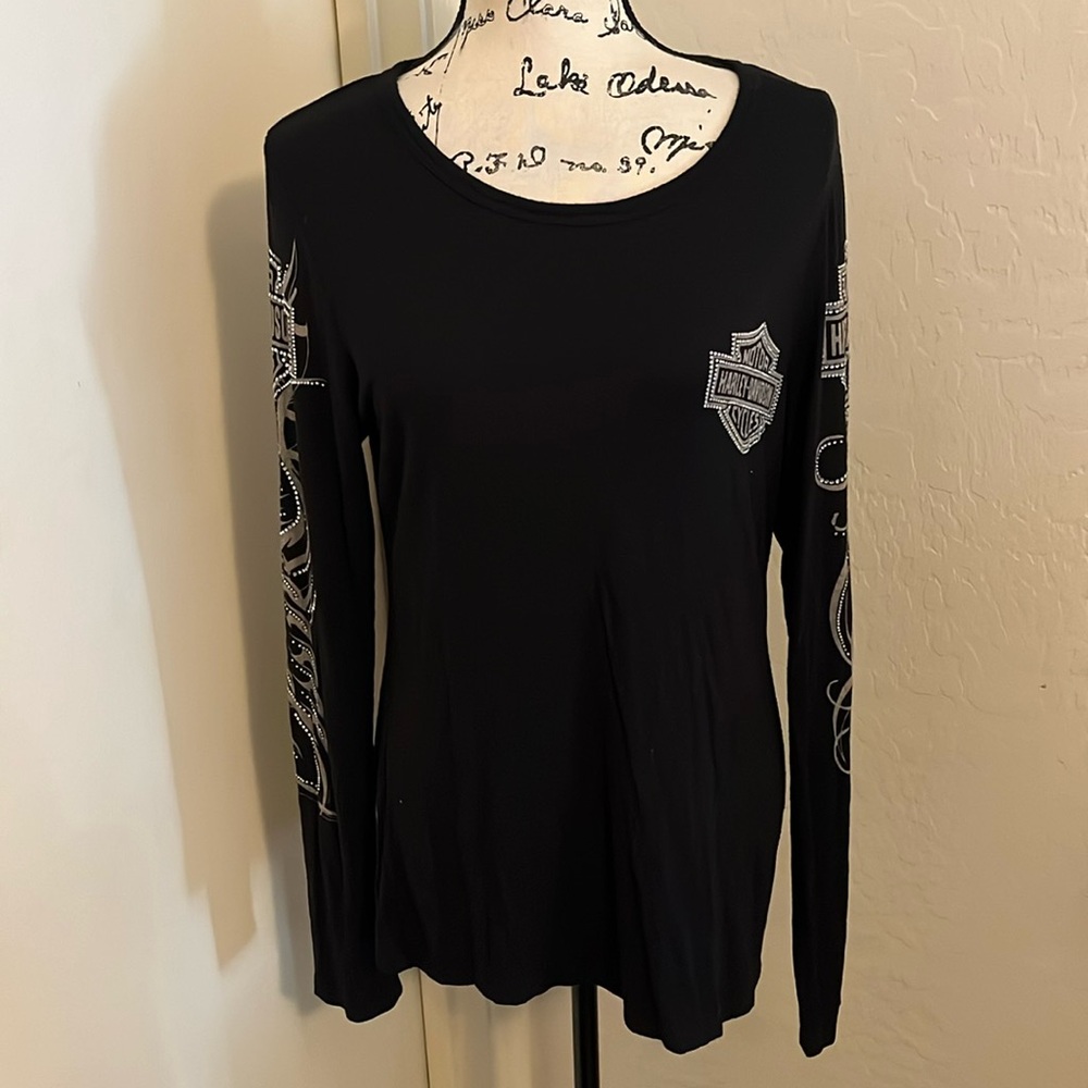 Harley Davidson Black Embellished Bling Graphic Long … - Gem